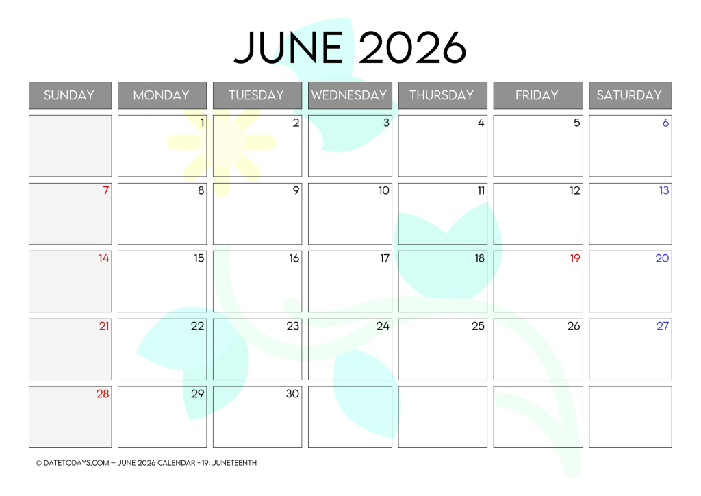 Free June 2026 Calendar with Holidays Printable PDF