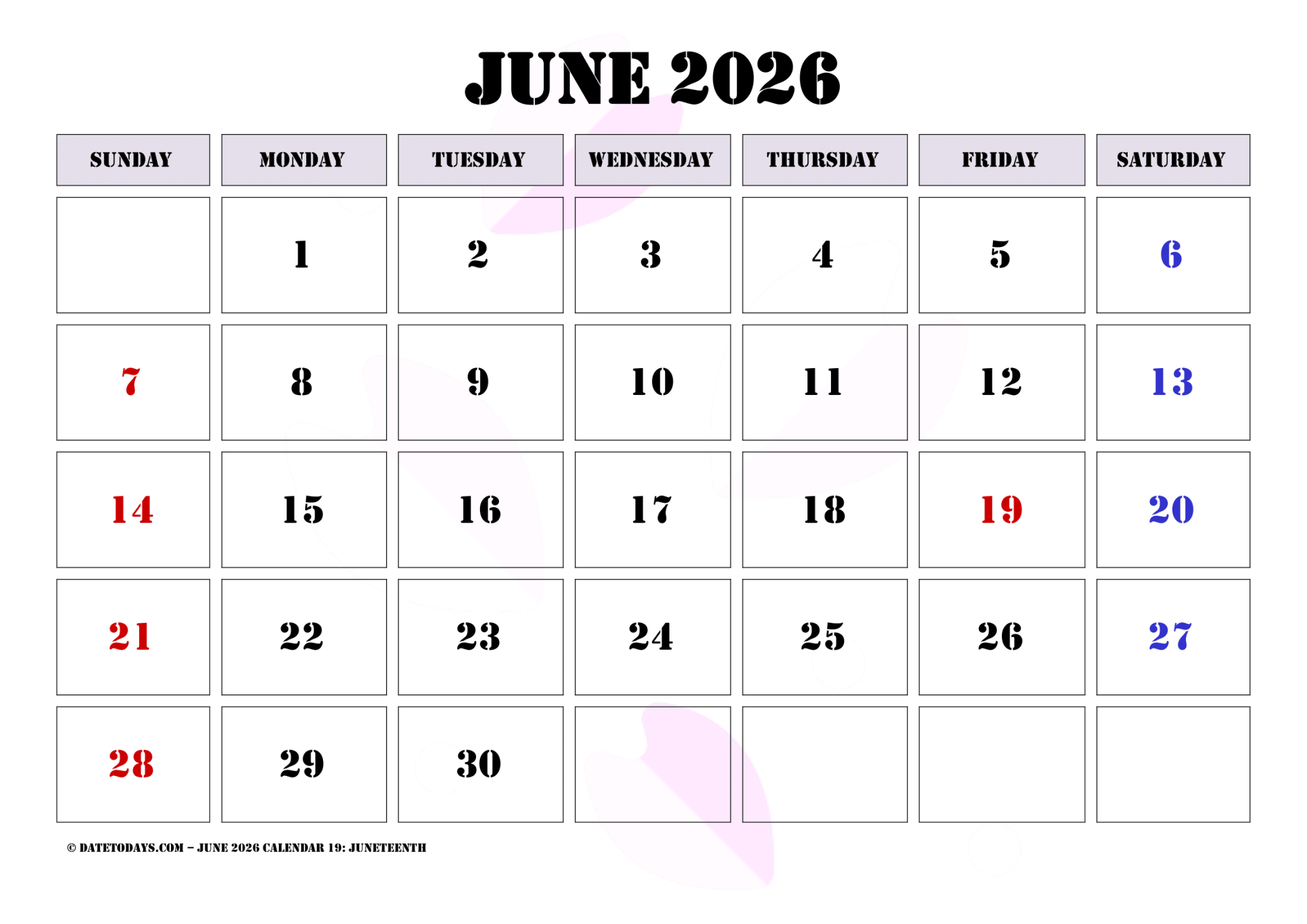 Free June 2026 Calendar With Holidays Printable PDF Free June 2026 Calendar With Holidays Printable PDF