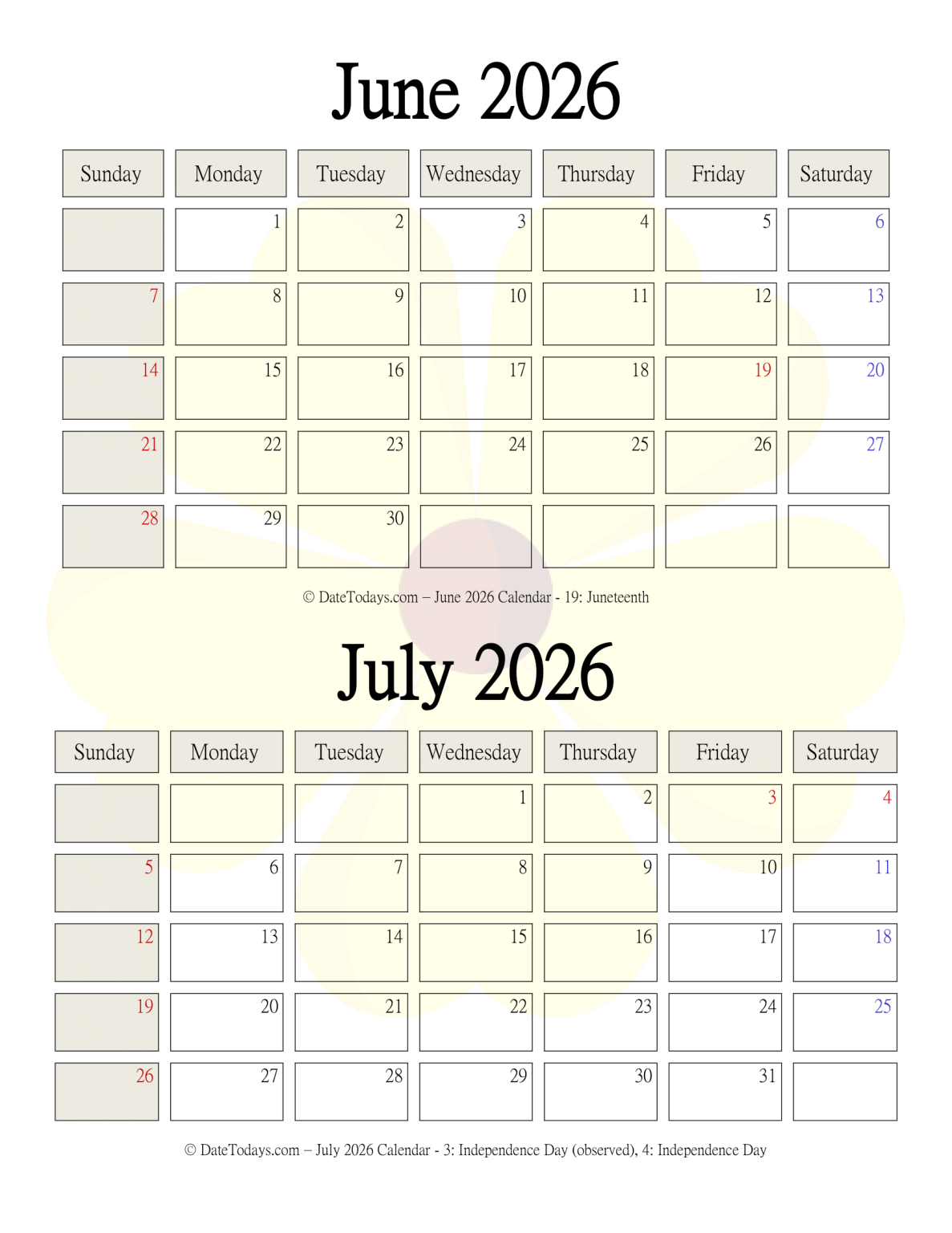 June July 2026 Calendar Printable PDF