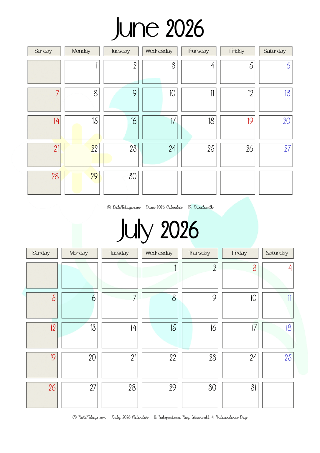 June July 2026 Calendar Printable PDF