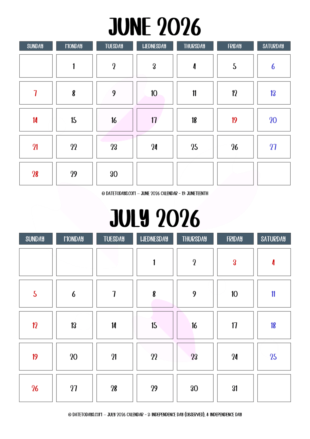 June July 2026 Calendar Printable PDF