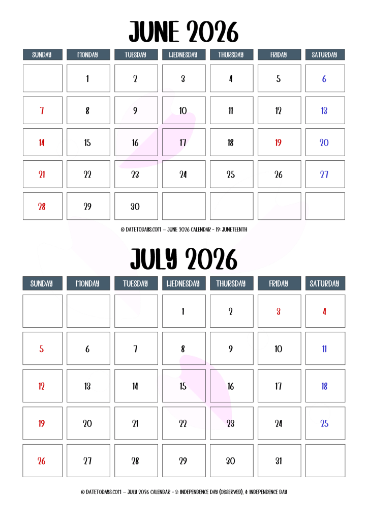 June July 2026 Calendar Printable PDF