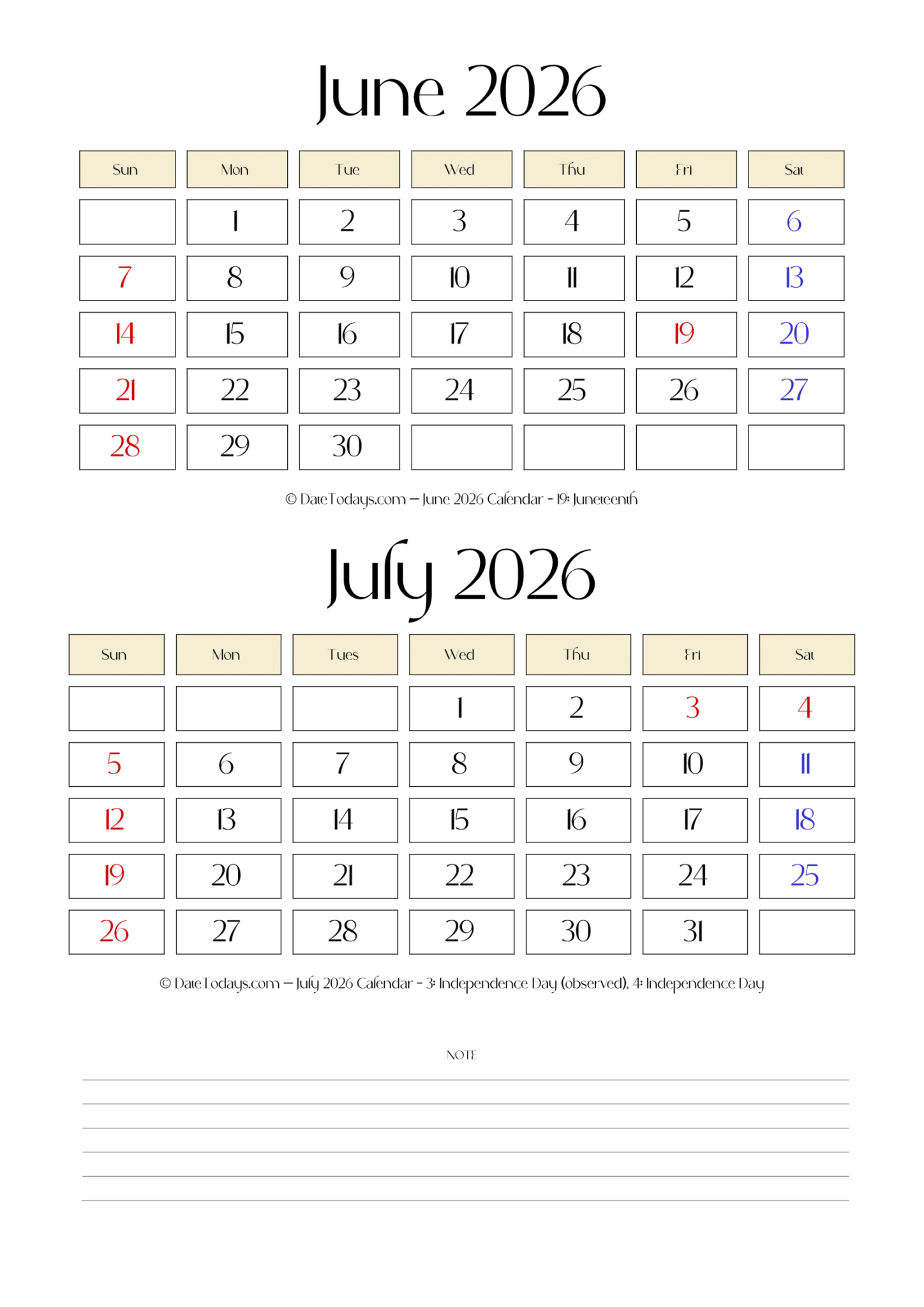 June July 2026 Calendar Printable PDF