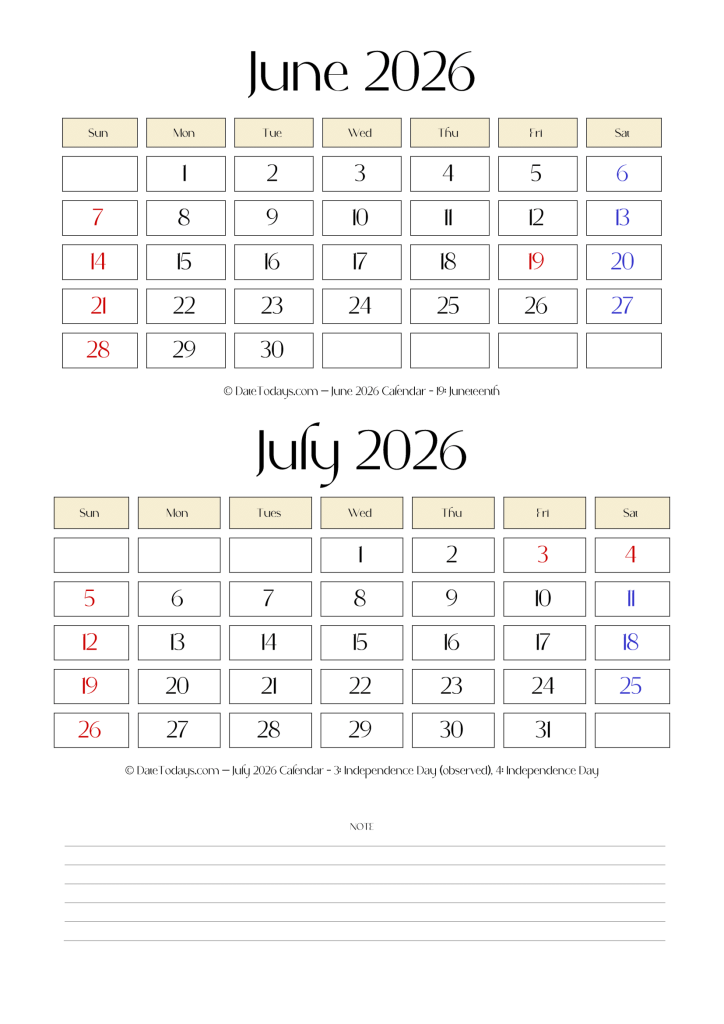 June July 2026 Calendar Printable PDF
