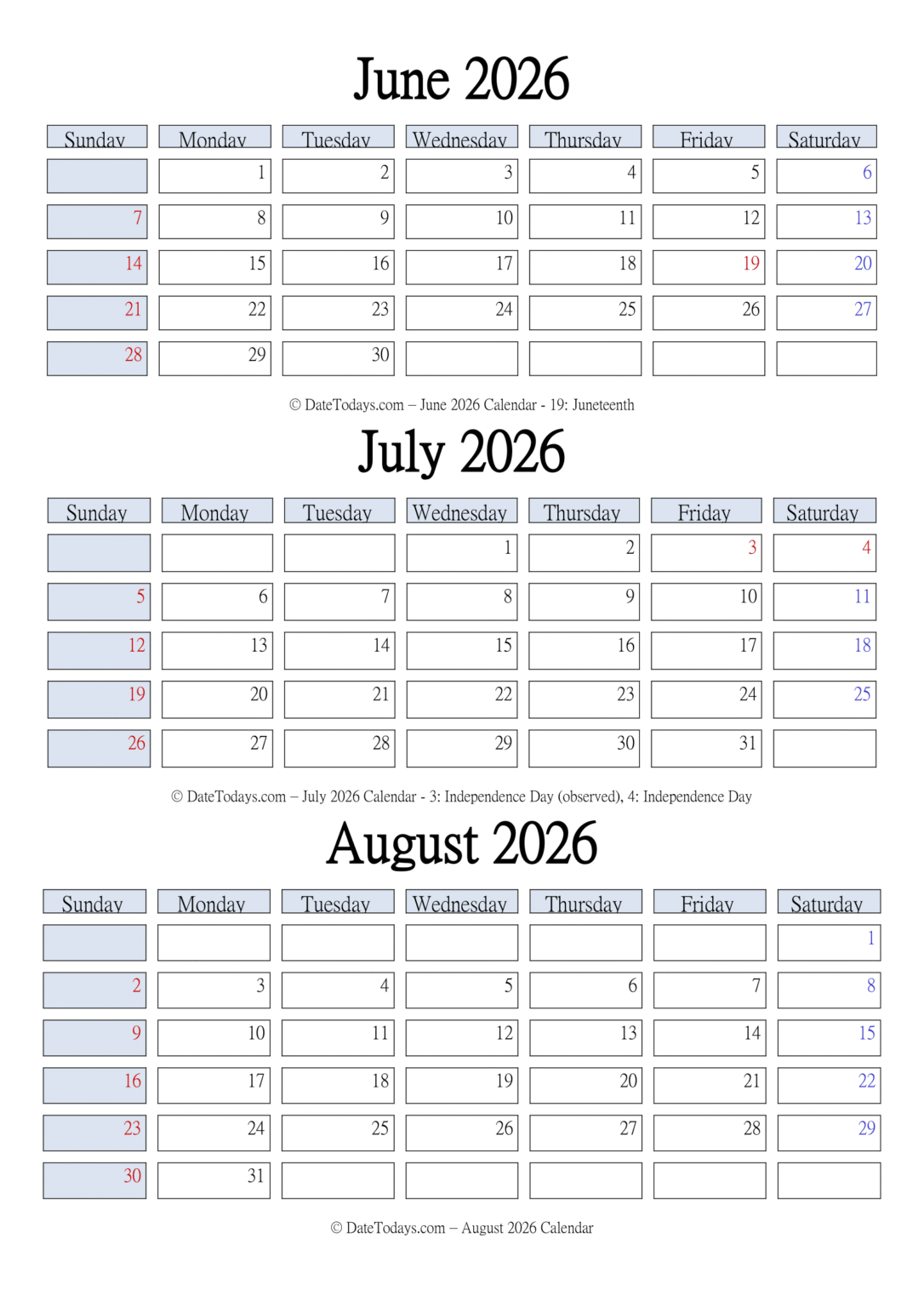 June July August 2026 Calendar Printable