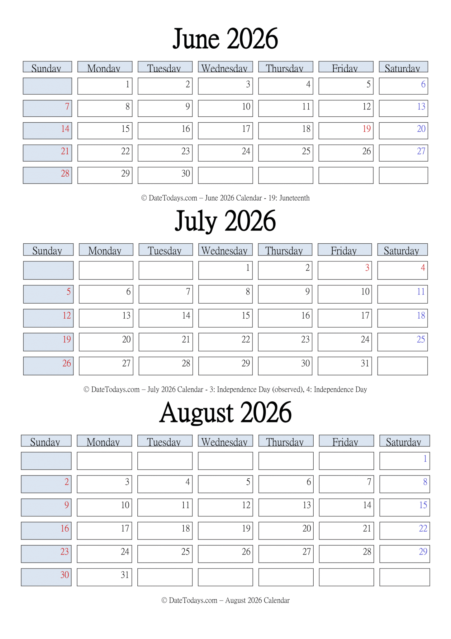 June July August 2026 Calendar Printable