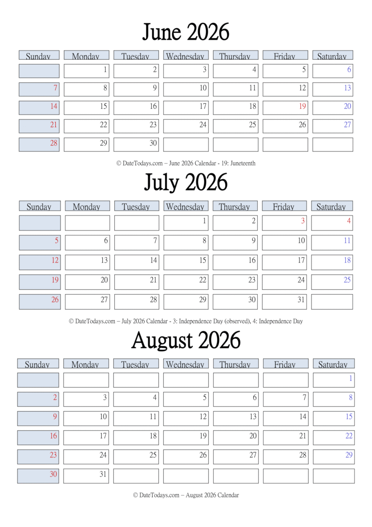 June July August 2026 Calendar Printable