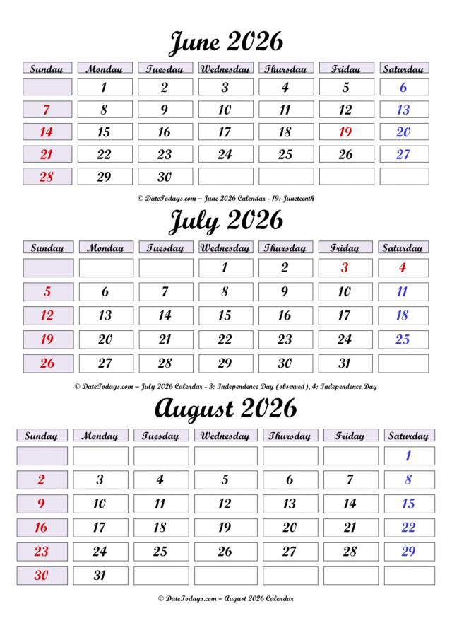 June July August 2026 Calendar Printable