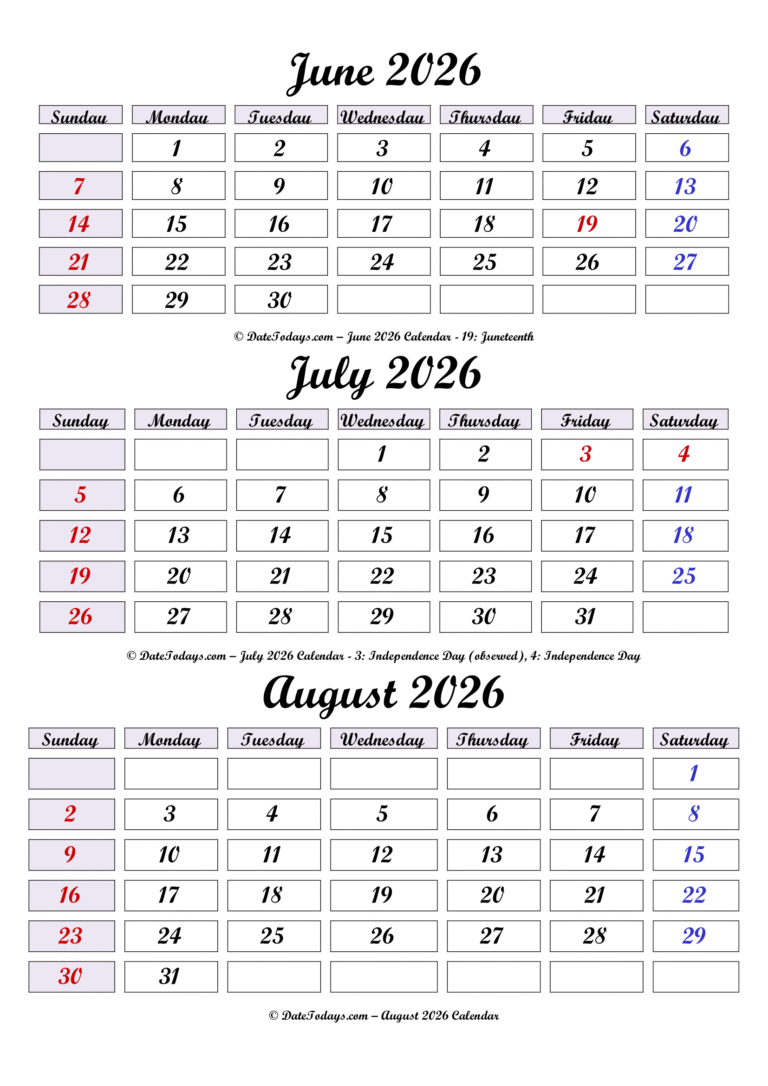 June July August 2026 Calendar Printable