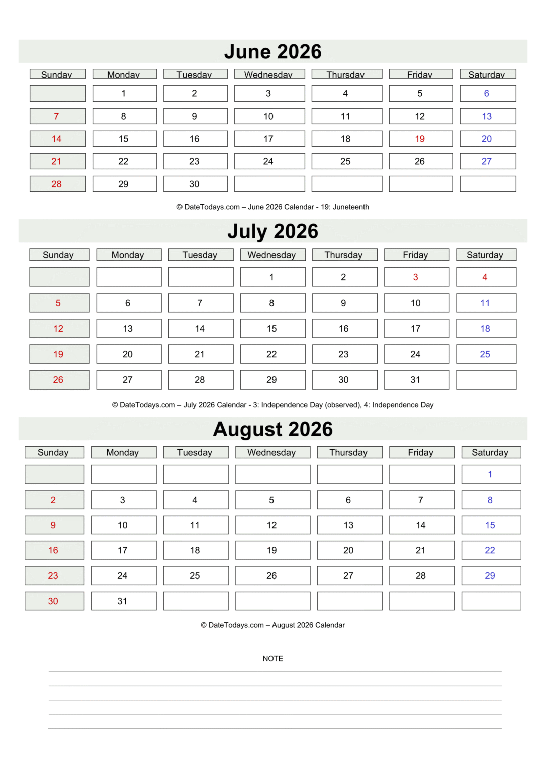 July August September 2026 Calendar Printable