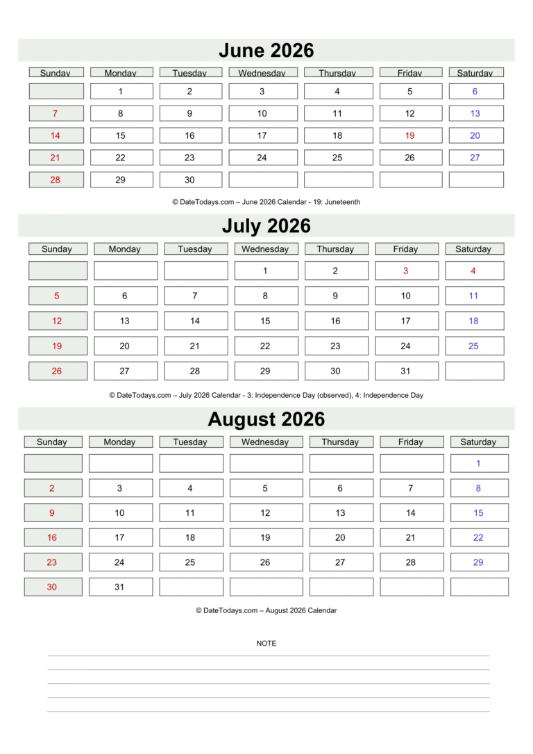 July August September 2026 Calendar Printable