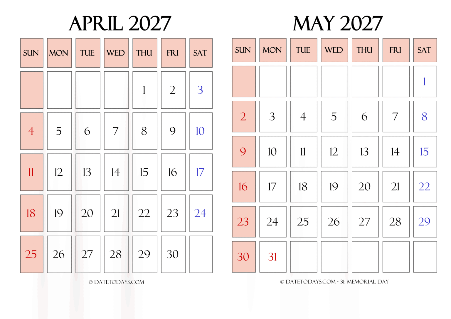 April May 2027 Calendar Printable