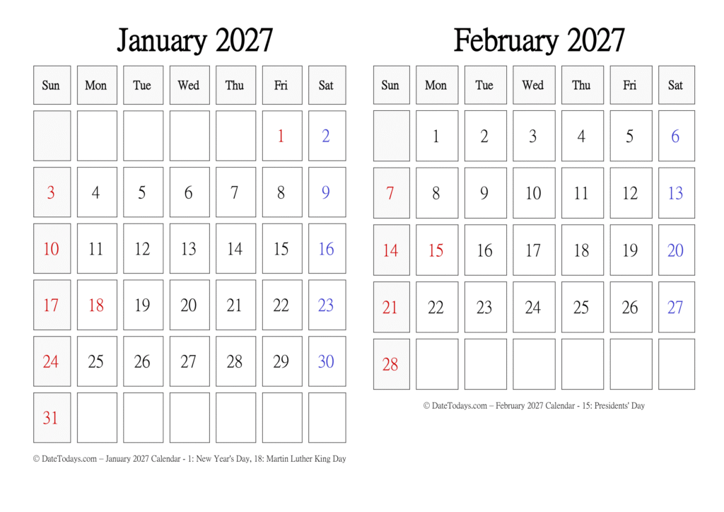 January February 2027 Calendar Printable