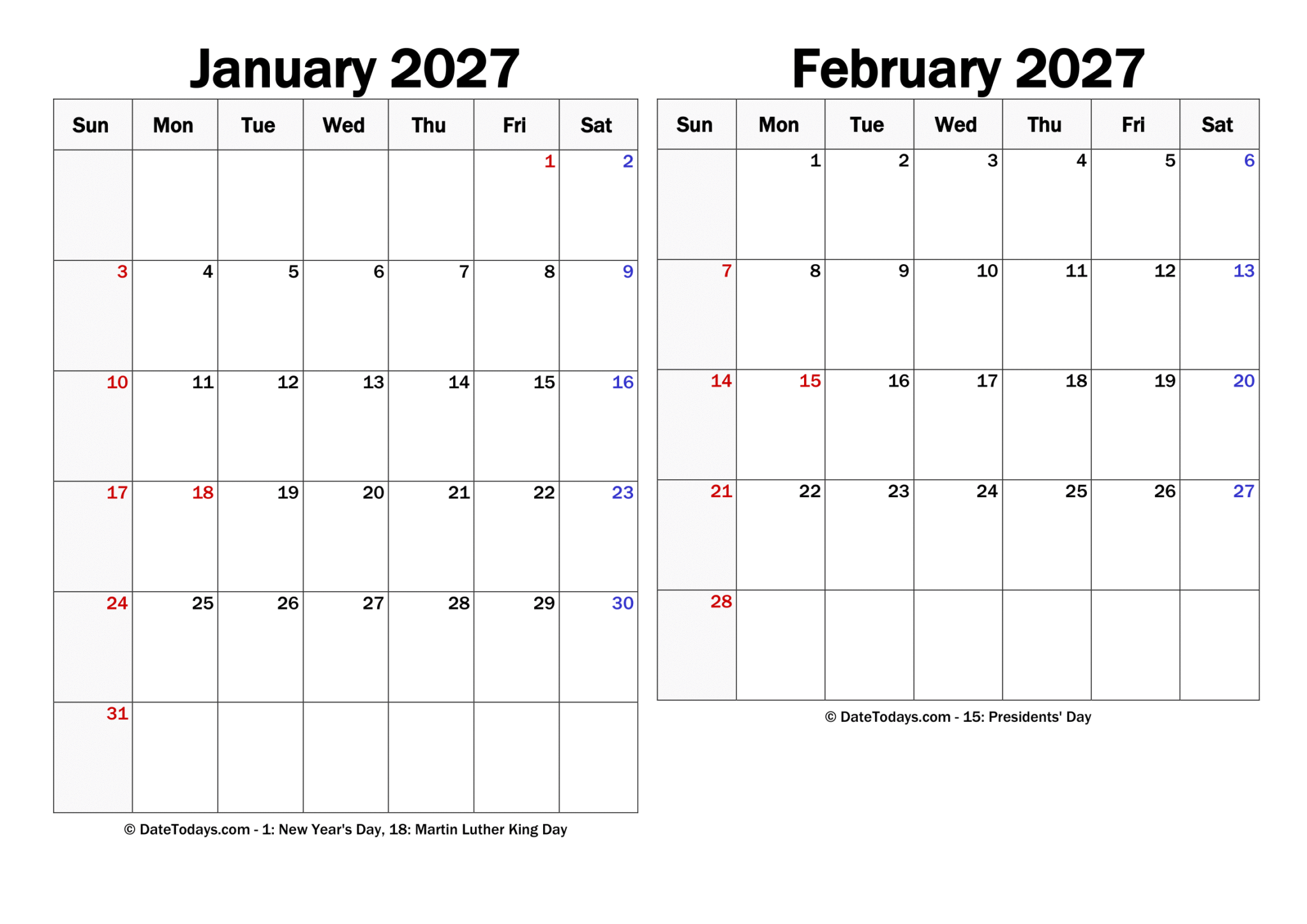January February 2027 Calendar Printable