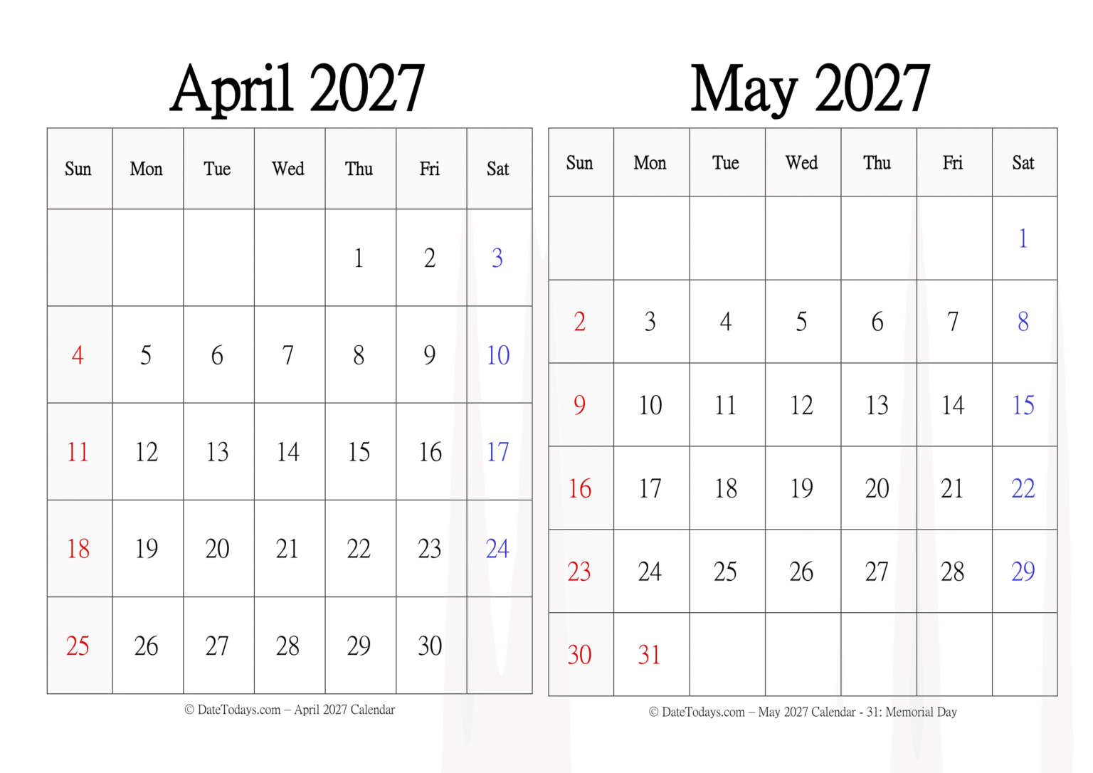 April May 2027 Calendar Printable