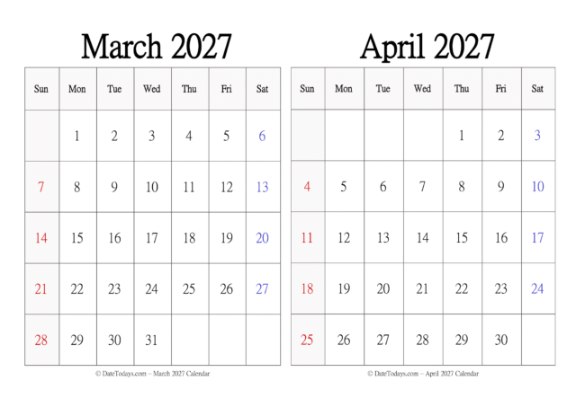 March April 2027 Calendar Printable