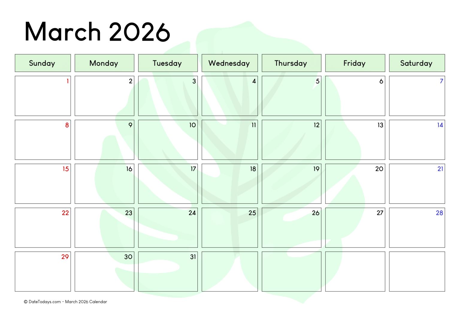 Free March 2026 Calendar Printable PDF with US Holidays