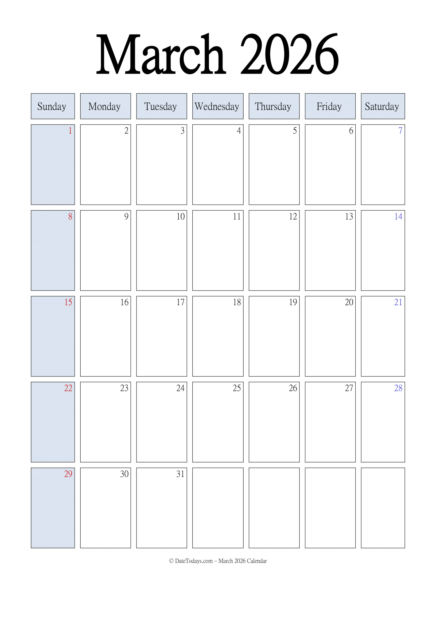 Free March 2026 Calendar Printable PDF with US Holidays