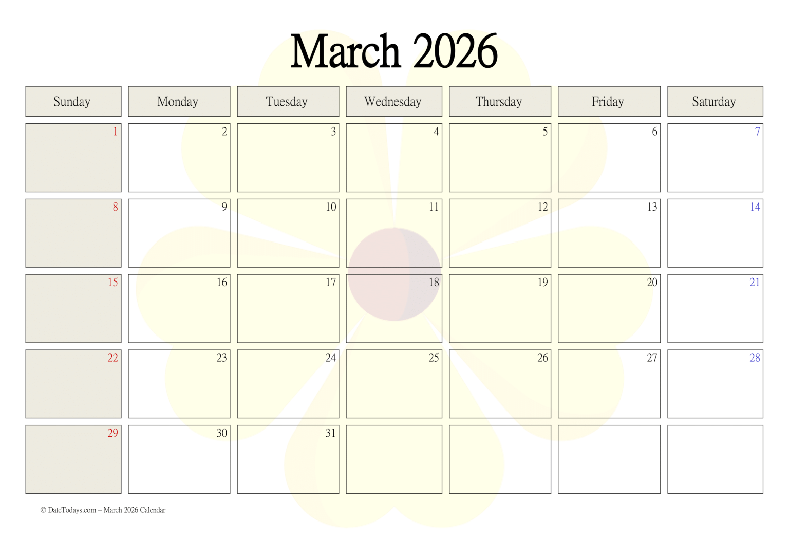 Free March 2026 Calendar Printable PDF with US Holidays