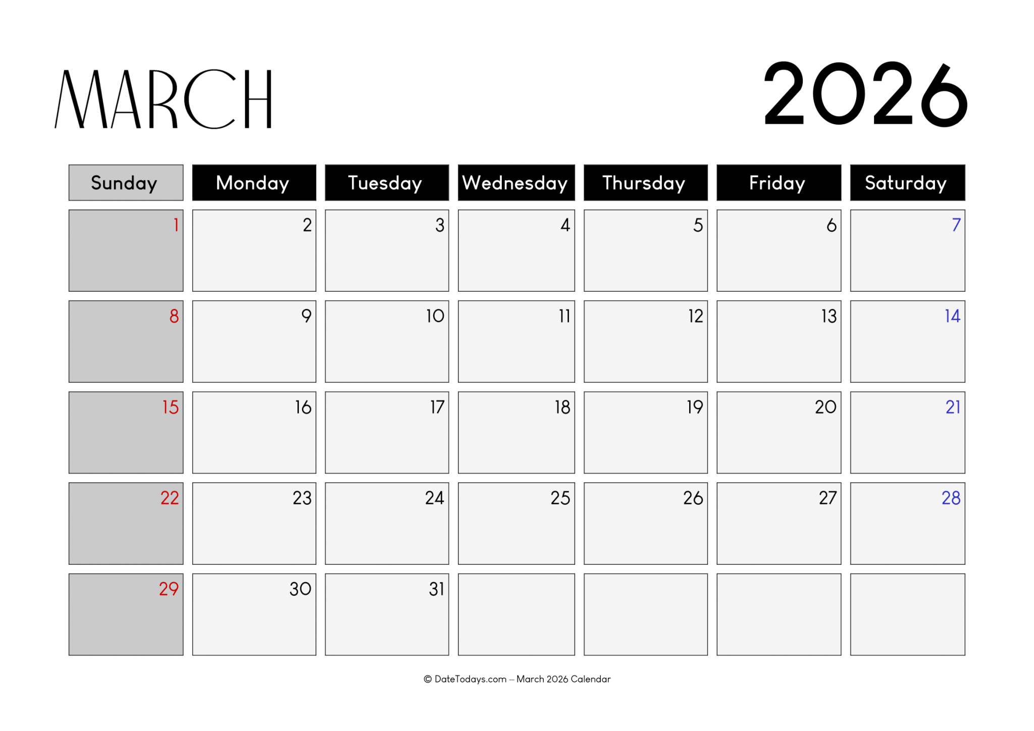 Free March 2026 Calendar Printable PDF with US Holidays