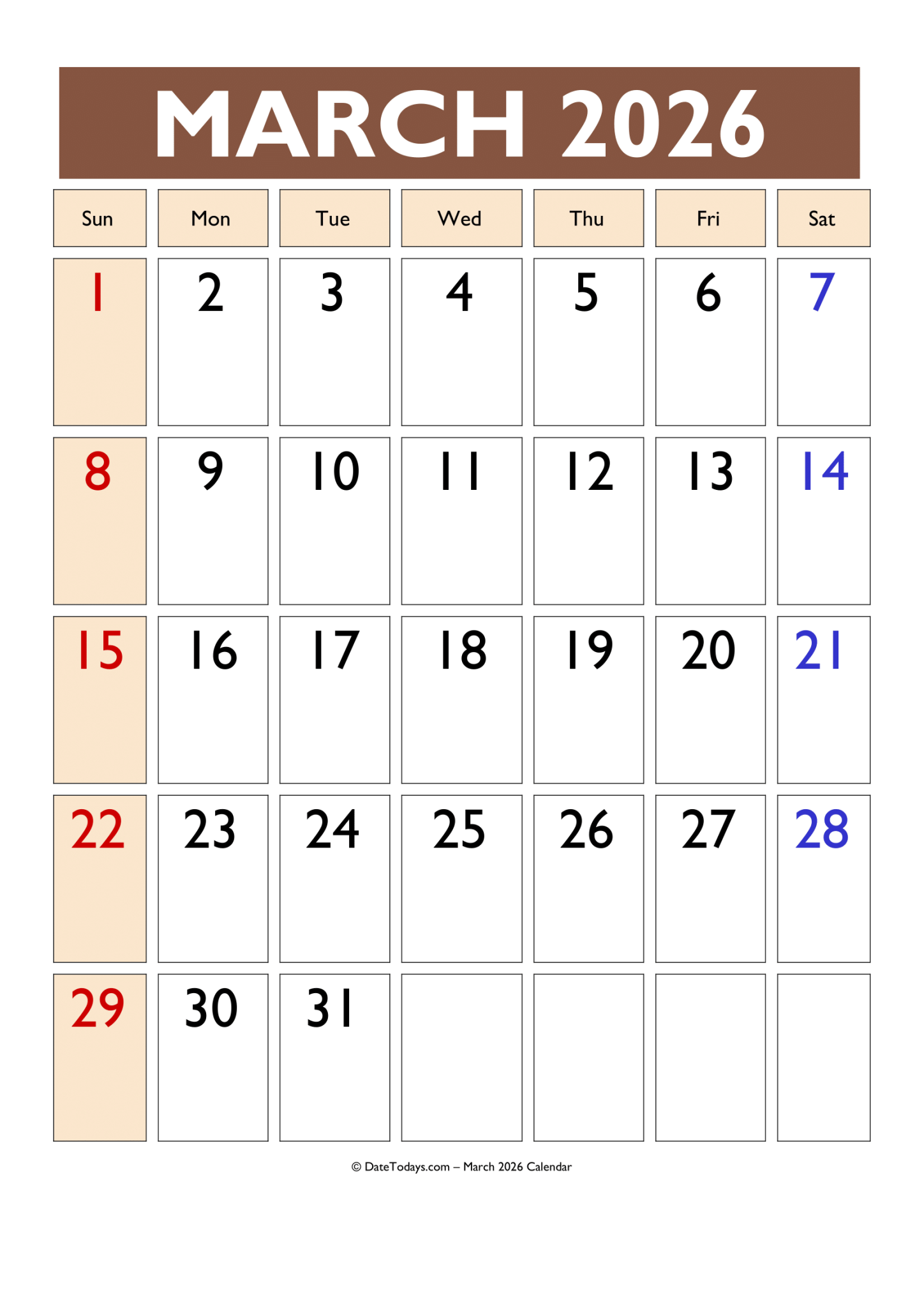 Free March 2026 Calendar Printable PDF with US Holidays