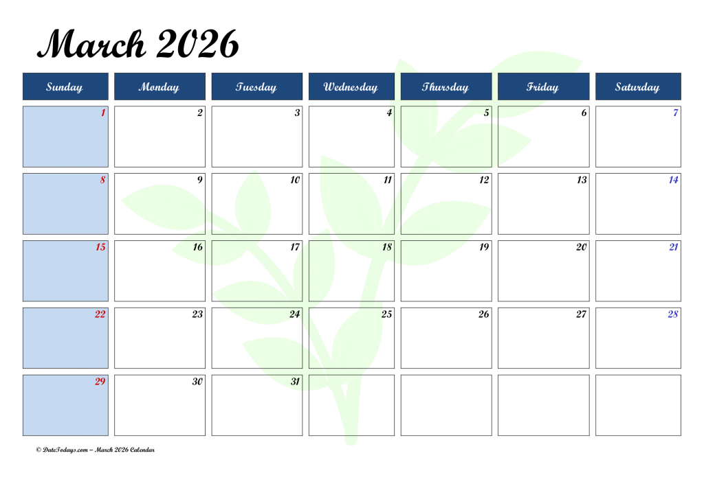 Free March 2026 Calendar Printable PDF with US Holidays