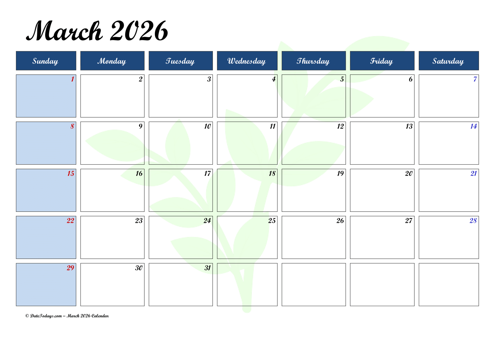 Free March 2026 Calendar Printable PDF with US Holidays