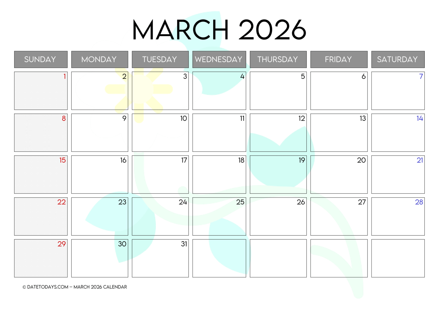 Free March 2026 Calendar Printable PDF with US Holidays