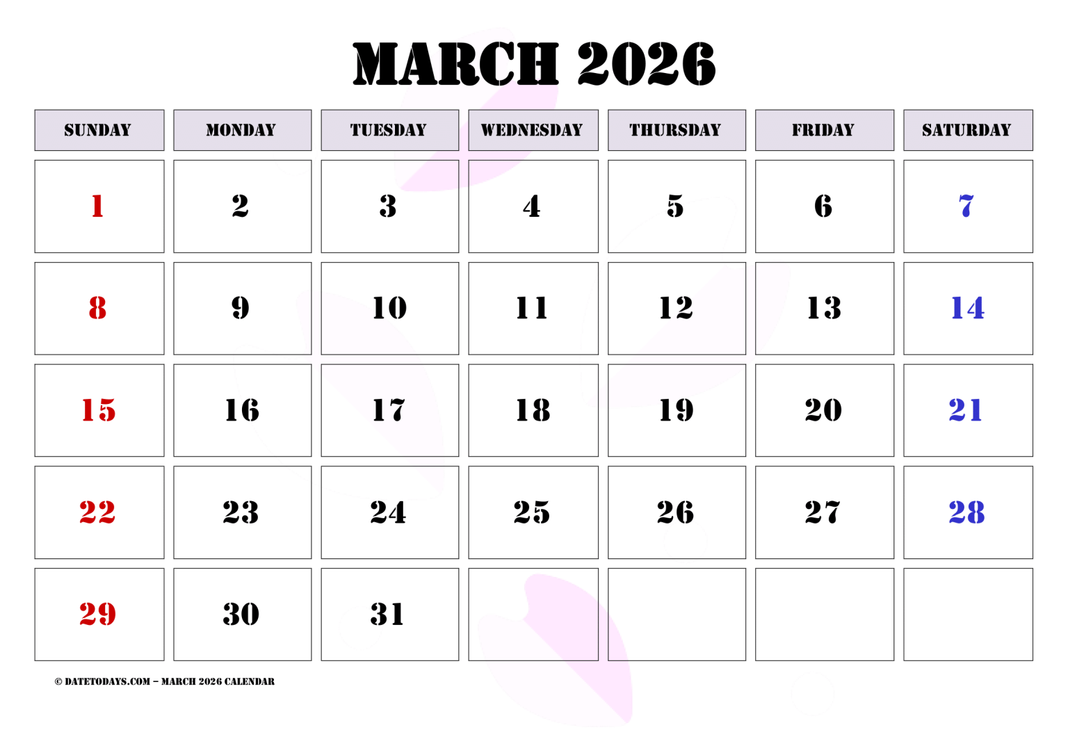 Free March 2026 Calendar Printable PDF with US Holidays