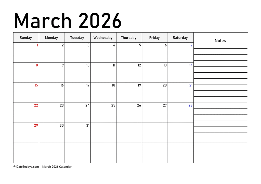 Free March 2026 Calendar Printable PDF with US Holidays
