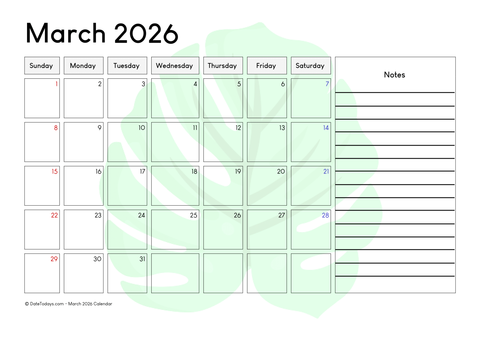 Free March 2026 Calendar Printable PDF with US Holidays
