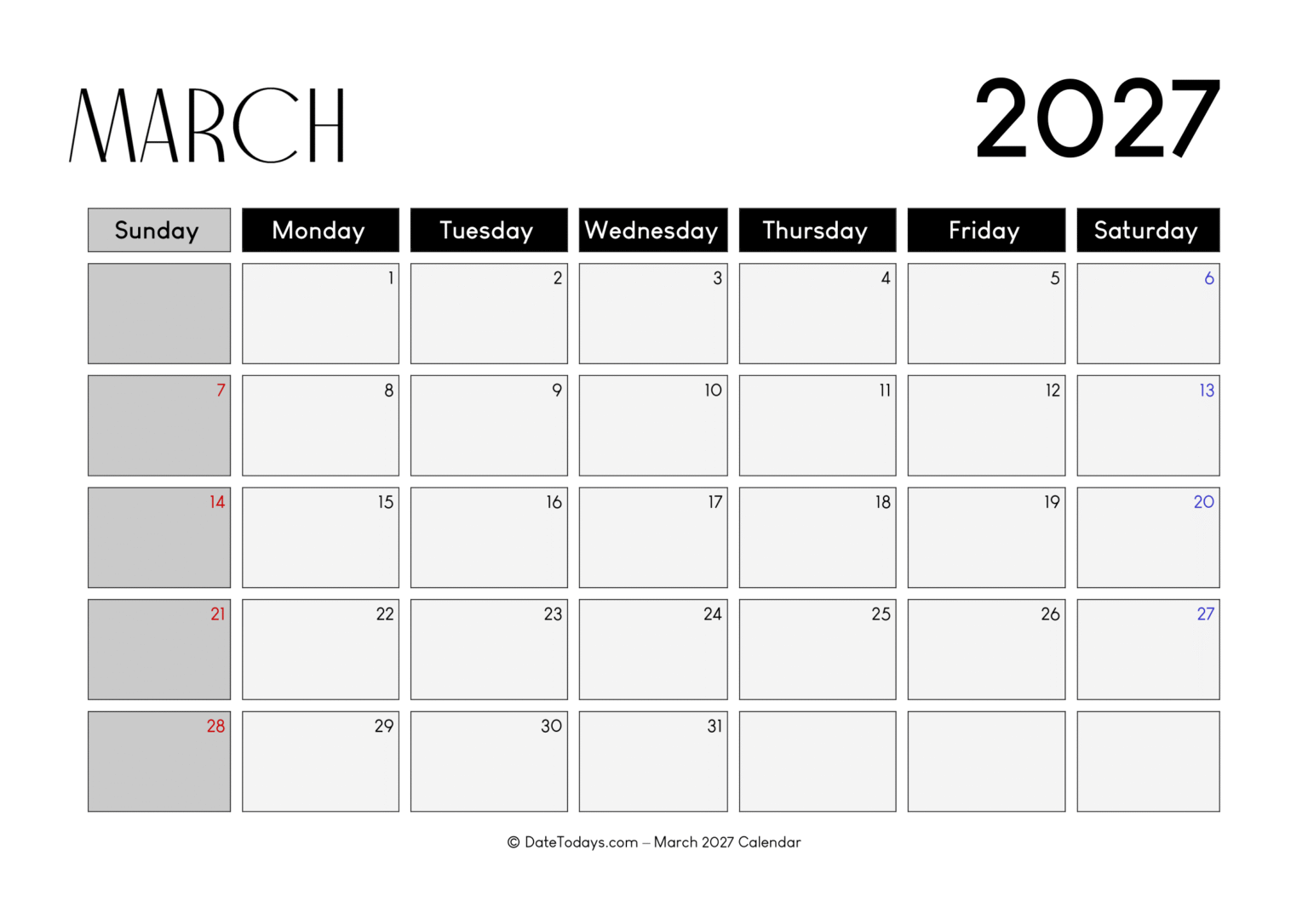 Printable March 2027 Calendar with Holidays