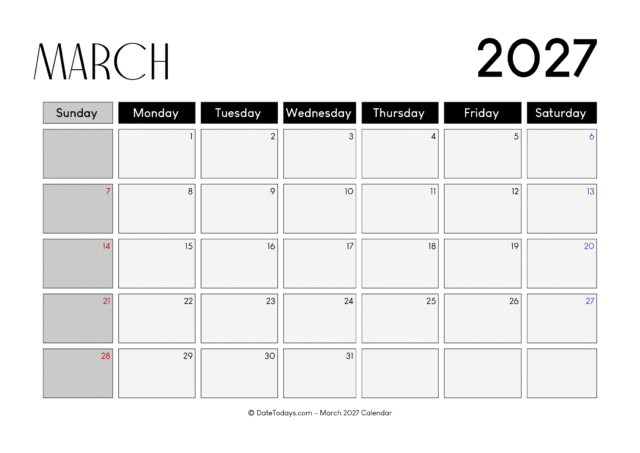 Printable March 2027 Calendar with Holidays
