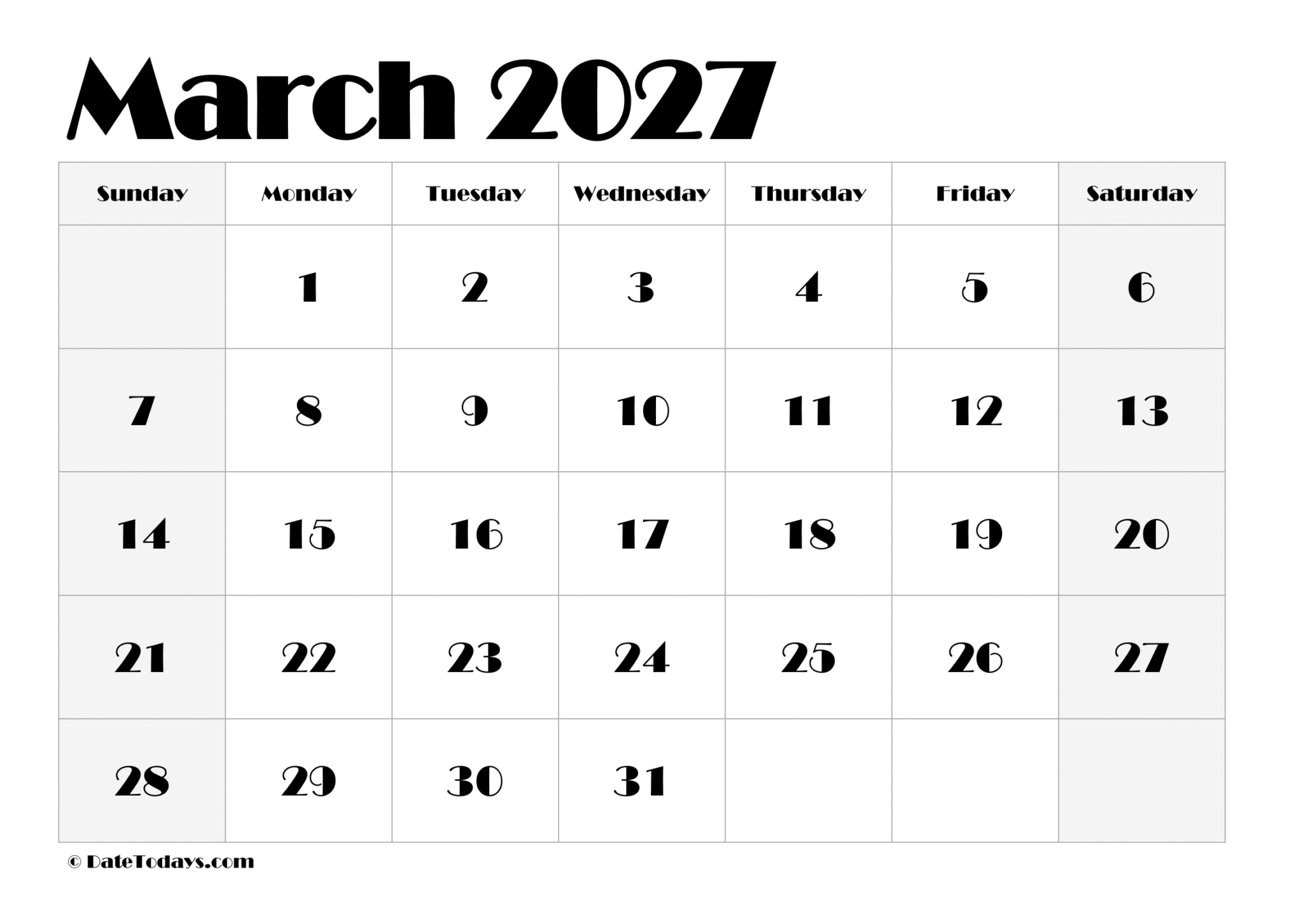 Printable March 2027 Calendar with Holidays
