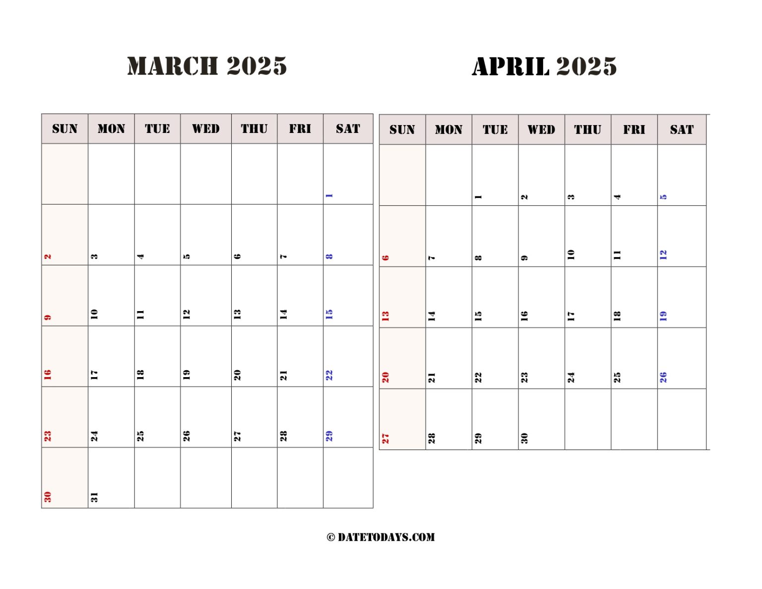 March April 2025 Calendar (Printable PDF Files)