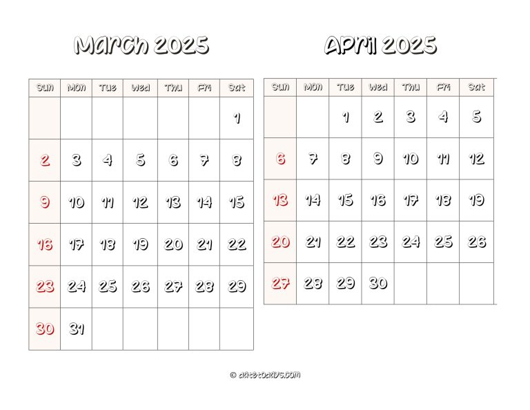 March April 2025 Calendar (Printable PDF Files)