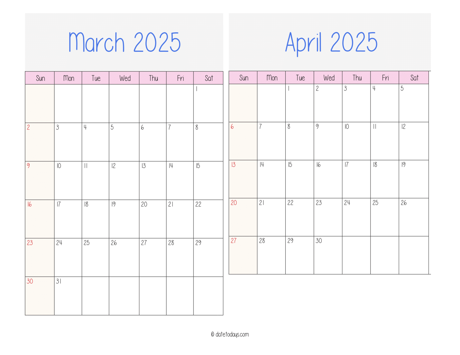 March April 2025 Calendar (Printable PDF Files)