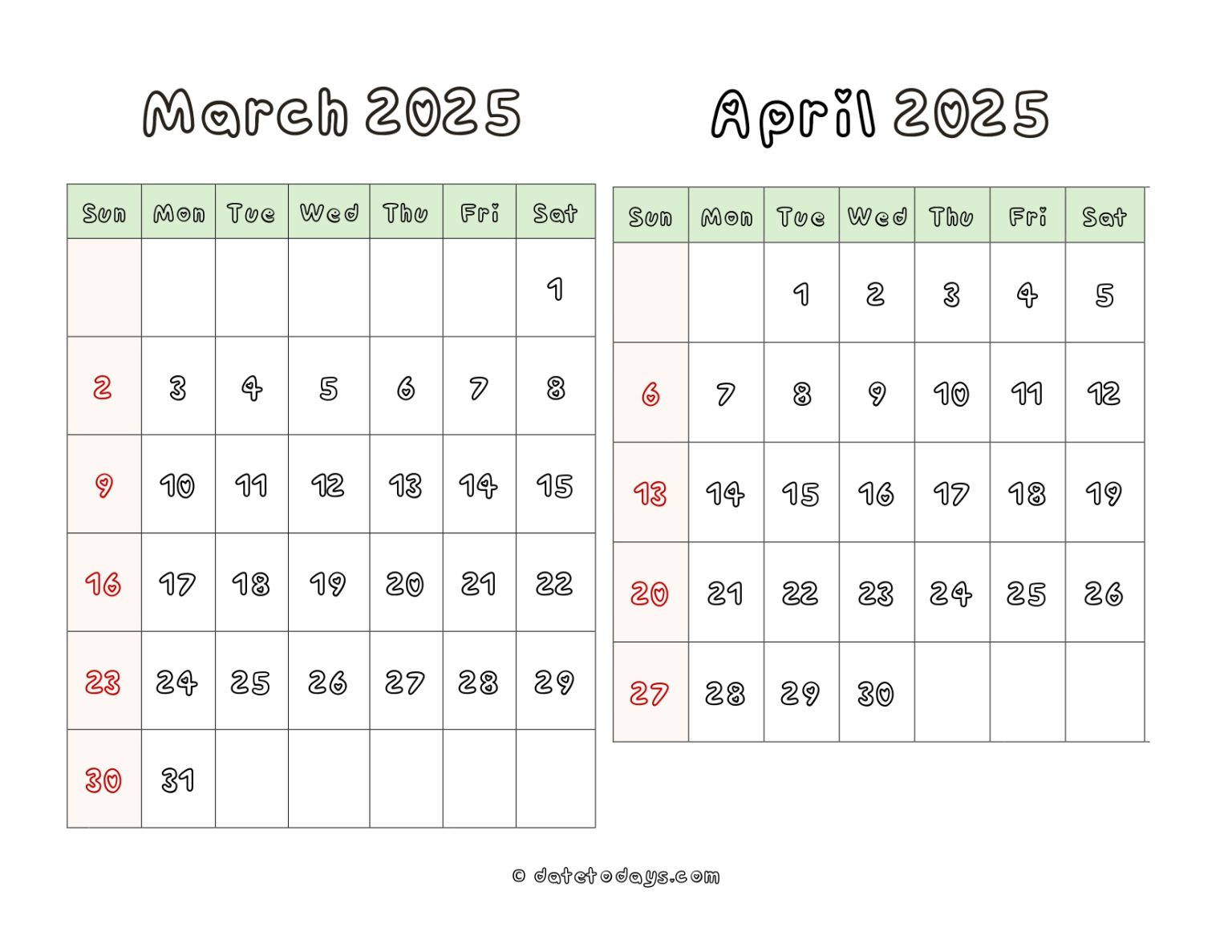 March April 2025 Calendar (Printable PDF Files)