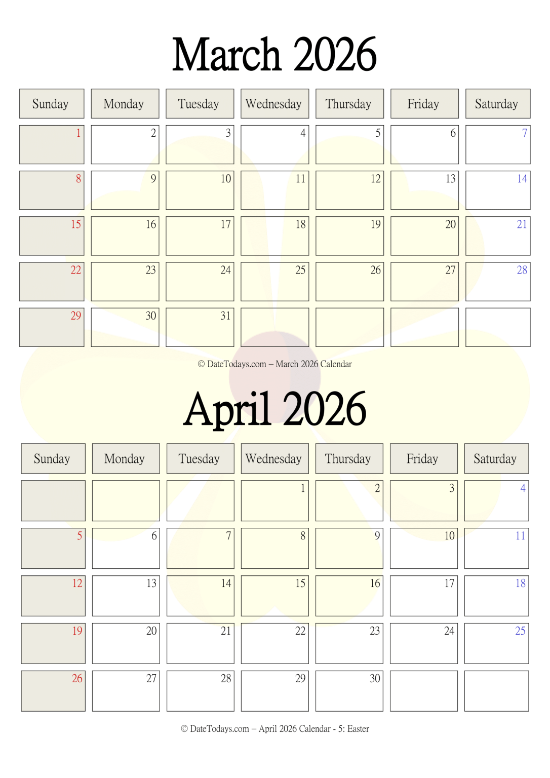 March April 2026 Calendar Printable PDF - 2 Month Calendar