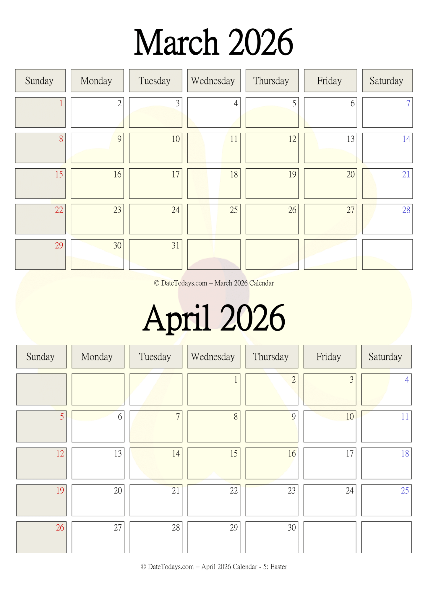 March April 2026 Calendar Printable PDF - 2 Month Calendar