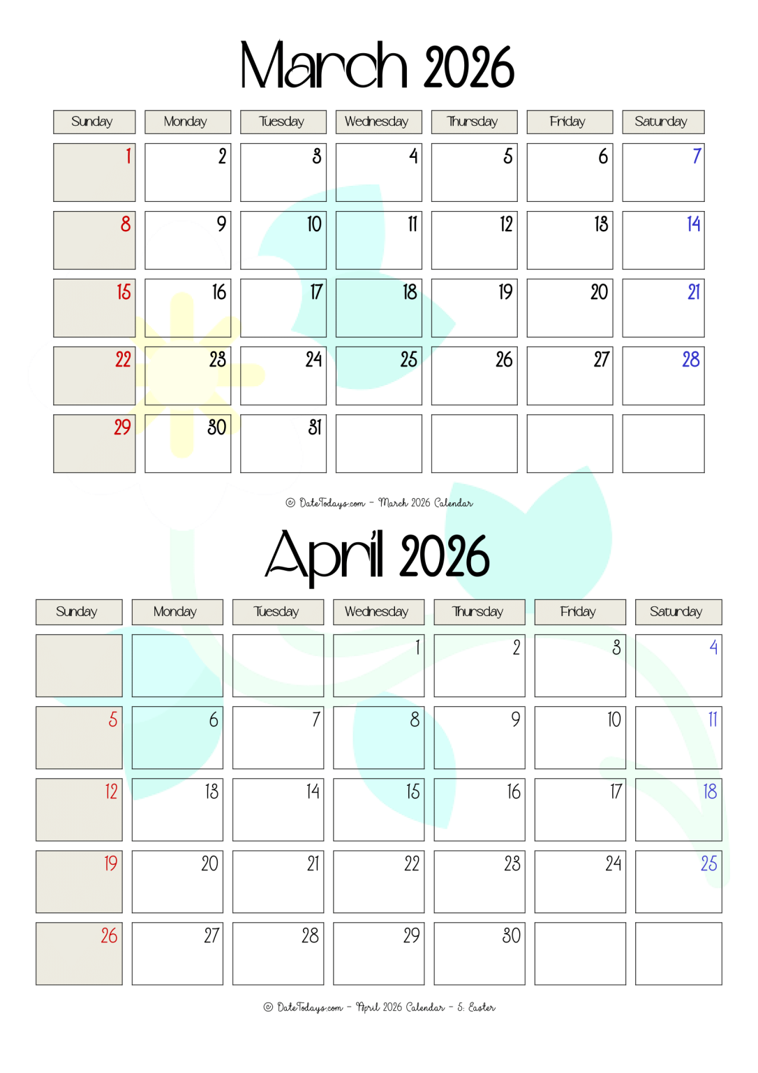 March April 2026 Calendar Printable Pdf 2 Month Calendar