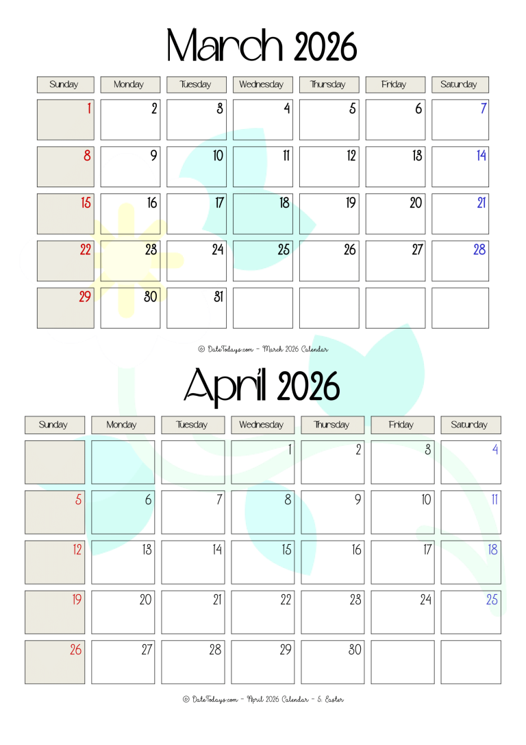 March April 2026 Calendar Printable PDF - 2 Month Calendar
