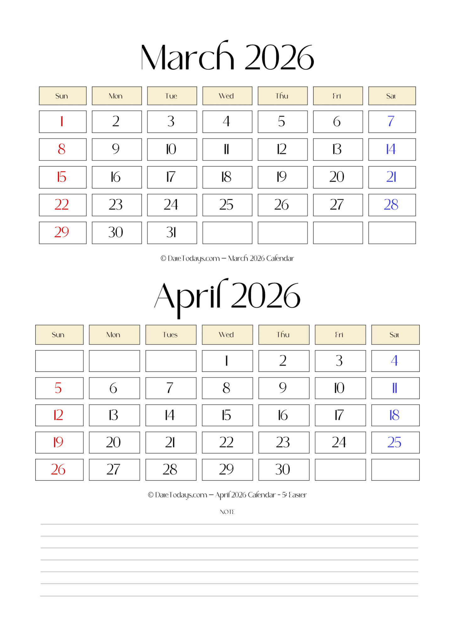 March April 2026 Calendar Printable PDF - 2 Month Calendar