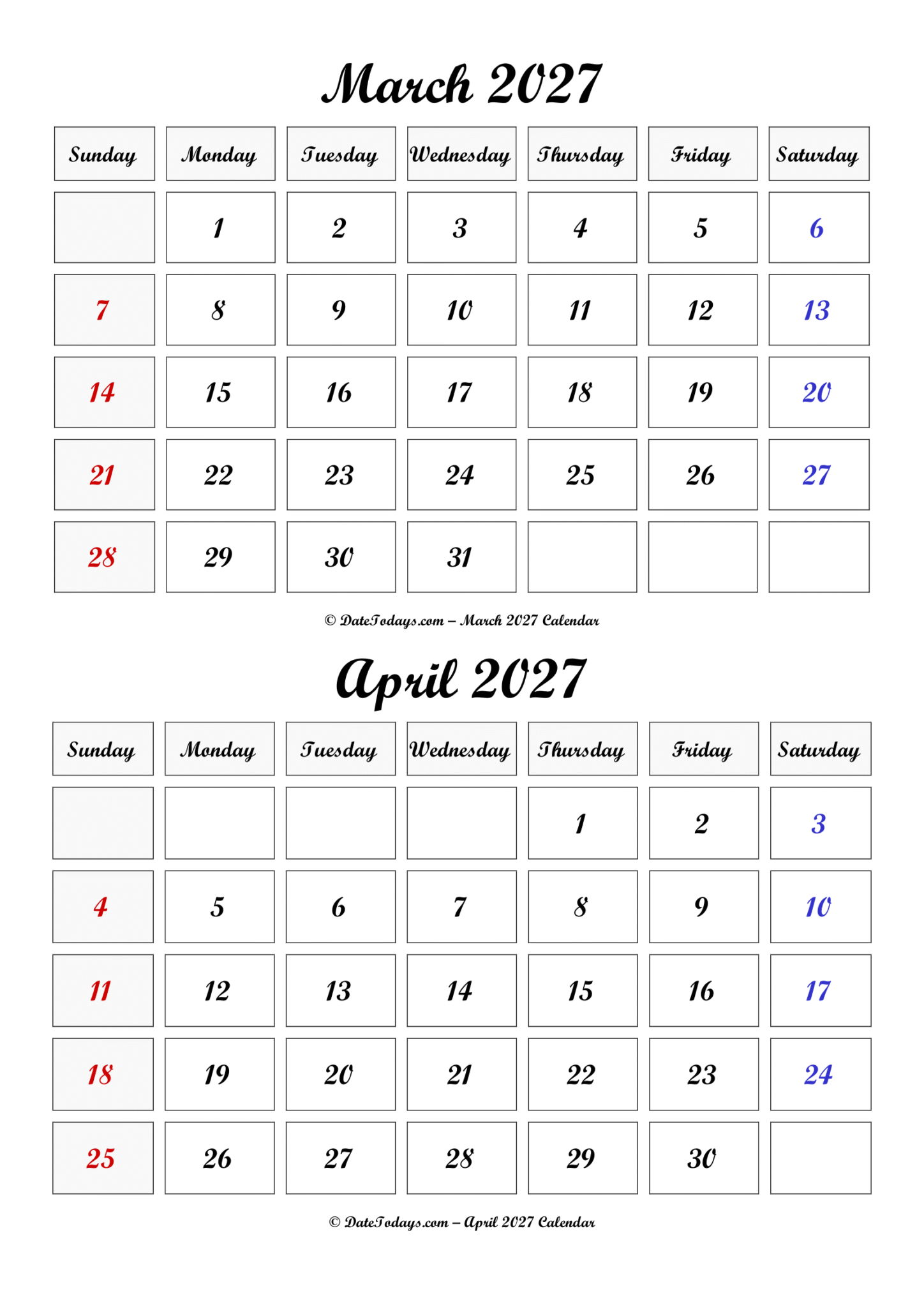 March April 2027 Calendar Printable