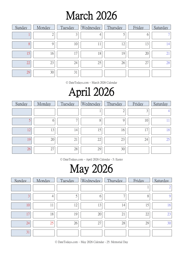 March April May 2026 Calendar Printable PDF - 3 Month Calendar