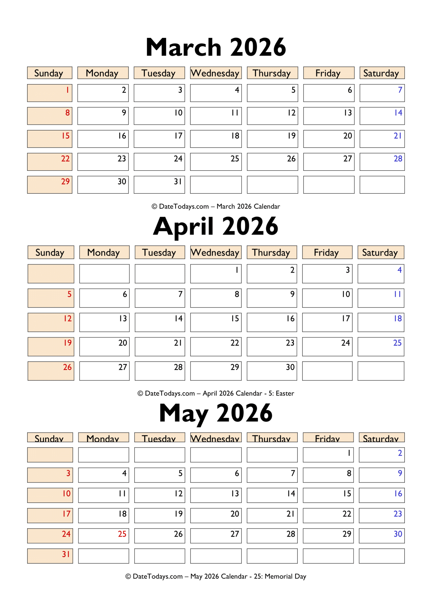March April May 2026 Calendar Printable PDF - 3 Month Calendar