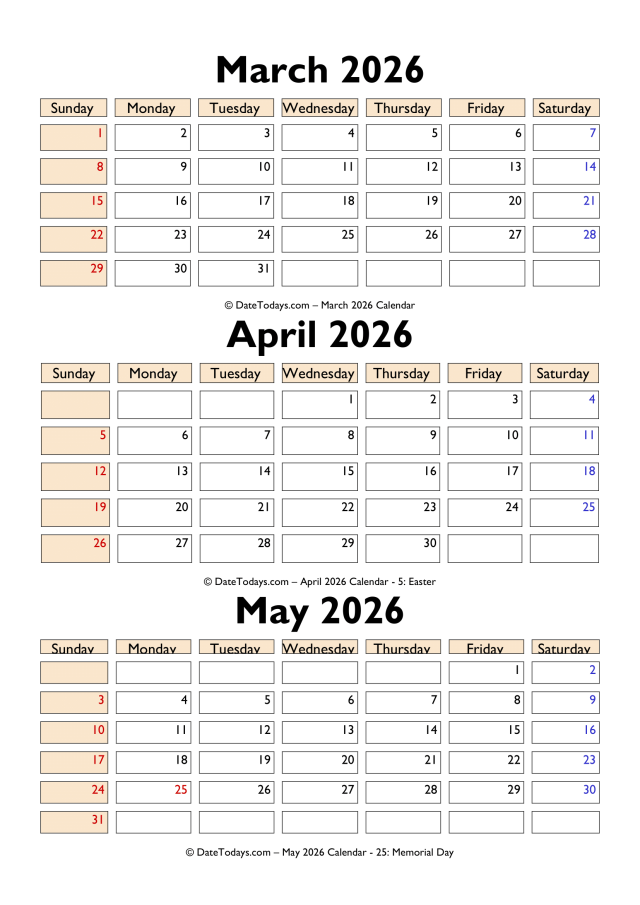 March April May 2026 Calendar Printable PDF - 3 Month Calendar