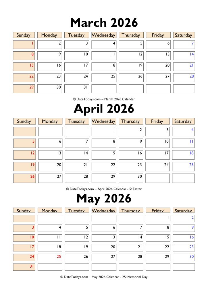 March April May 2026 Calendar Printable PDF - 3 Month Calendar