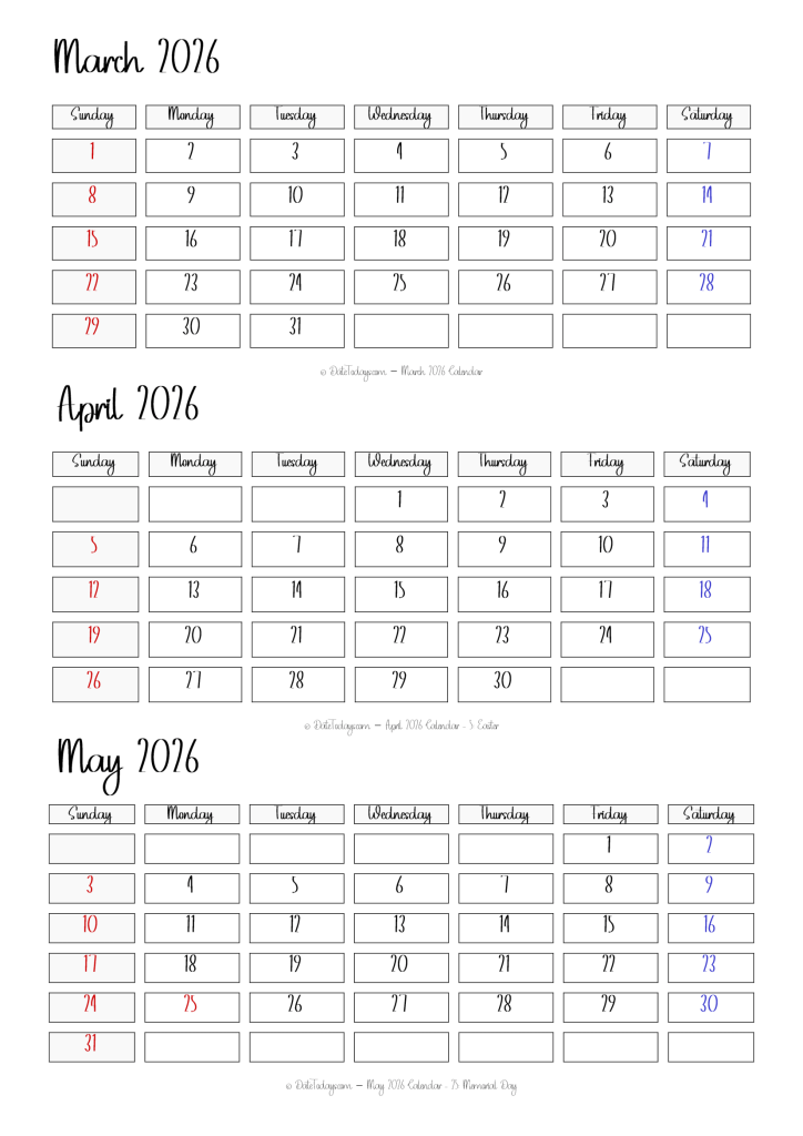 March April May 2026 Calendar Printable PDF - 3 Month Calendar