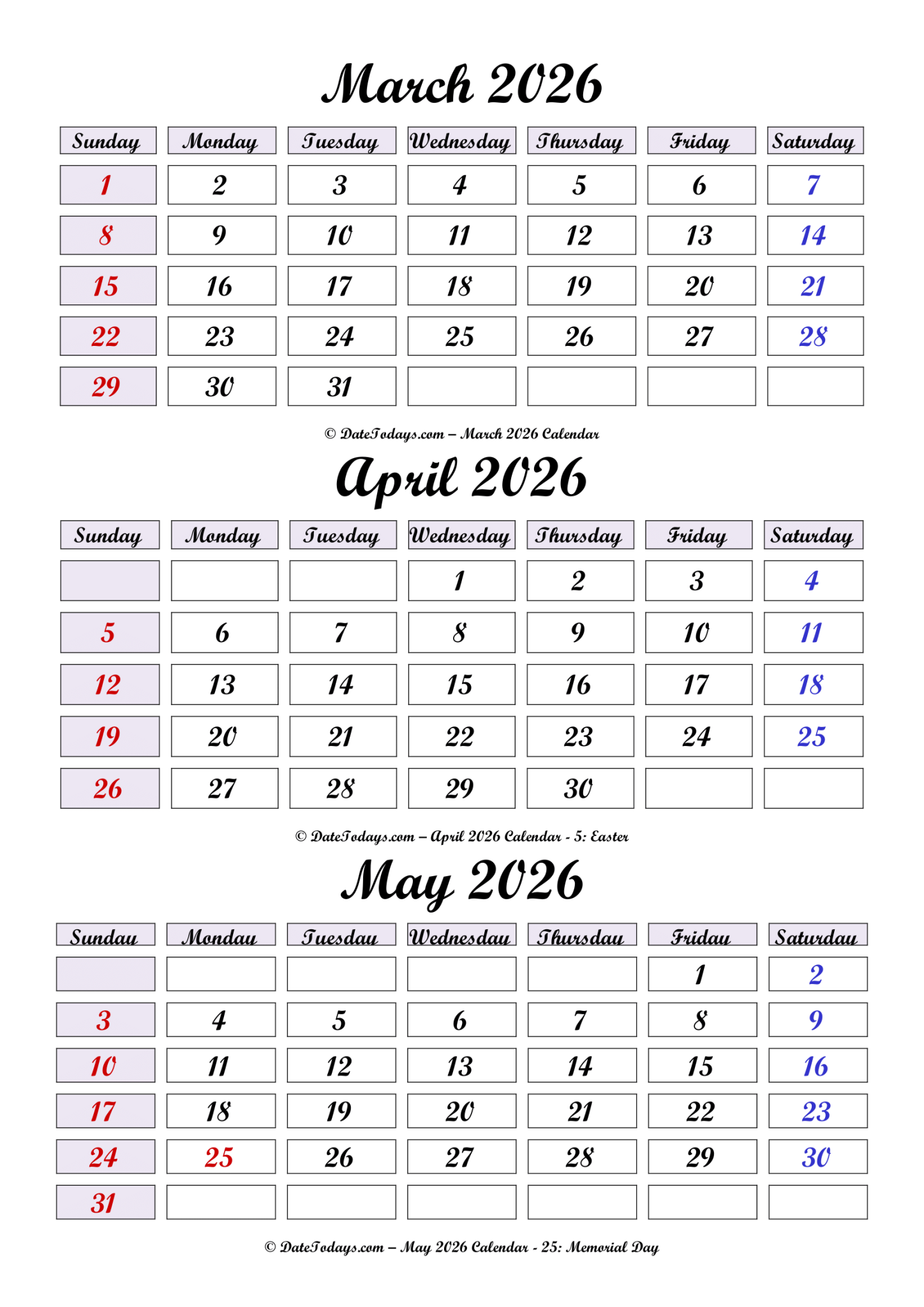 March April May 2026 Calendar Printable PDF - 3 Month Calendar